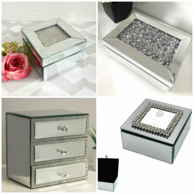 Luxury Mirrored Glass Jewellery Box Diamante Crushed Diamonds Chest ...