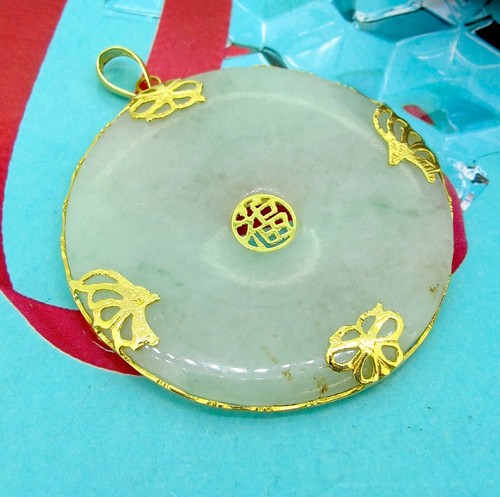 14k Yellow Gold Chinese Pale Green Jade Good Luck XL Pendant | eBay