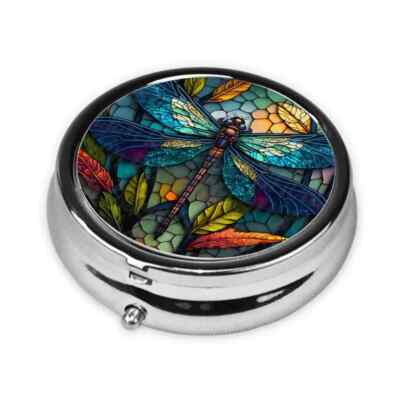 1pc Leaf Dragonfly Teal Rose Round Pill Box, 3 Compartment Decorative ...