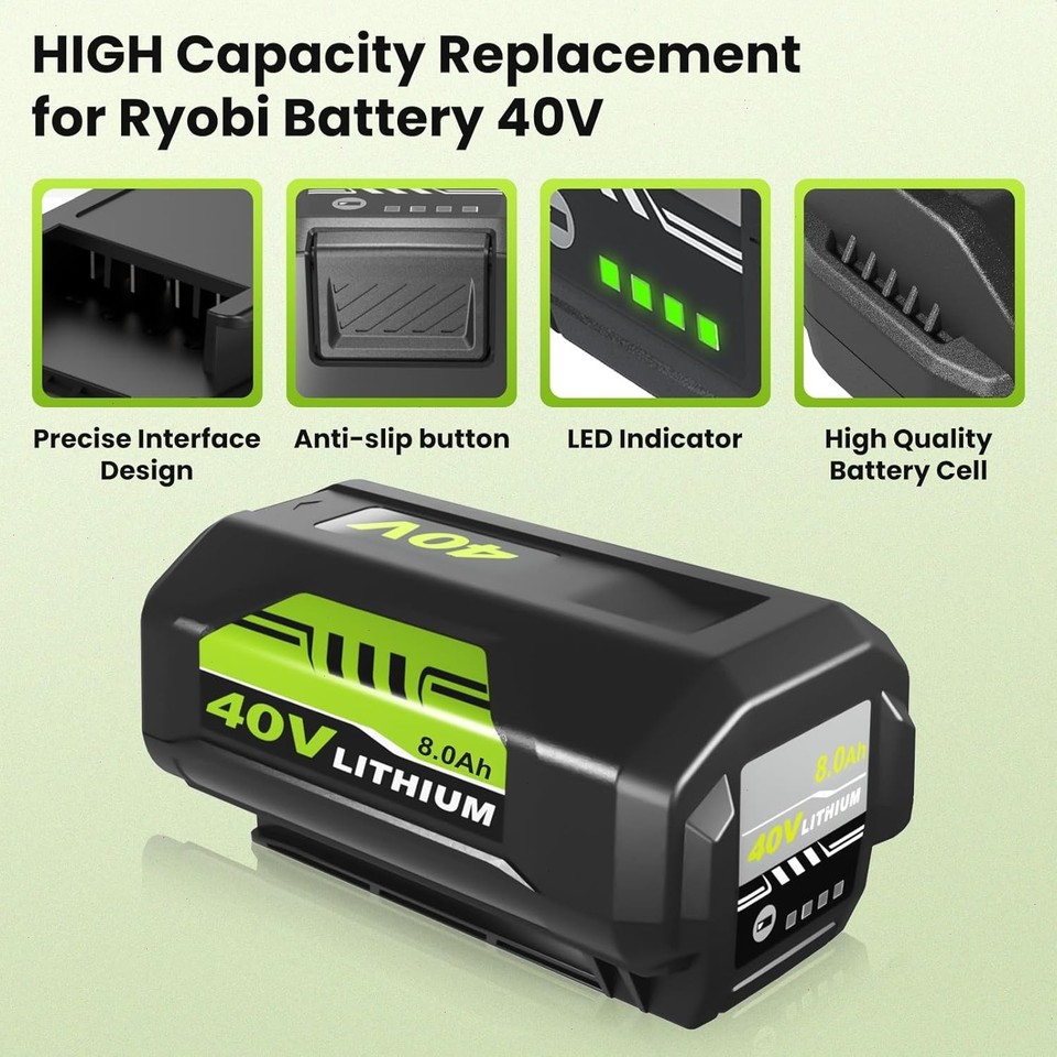 8.0Ah Battery 40 Volt for Ryobi 40V Lithium OP40602 Battery with LED ...