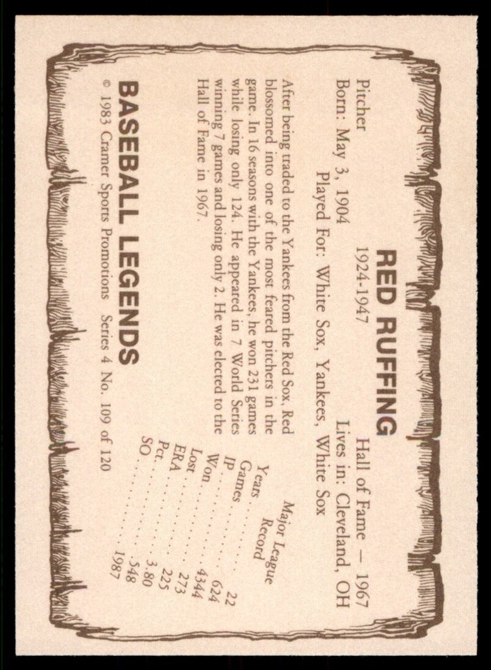 1983 CRAMER BASEBALL LEGENDS SERIES 4 #109 RED RUFFING NEW YORK YANKEES ...