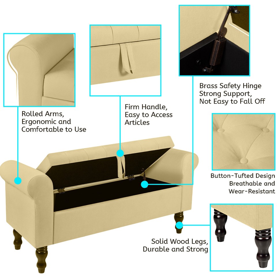 50in Storage Bench with Upholstered Rolled Arm Ottoman Bench Couch w ...