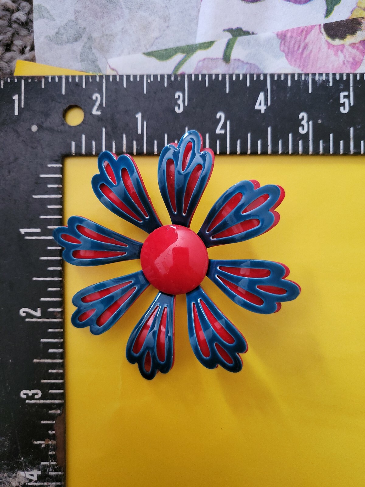 Vintage Teal and Red Flower Enamel Pin - Gem