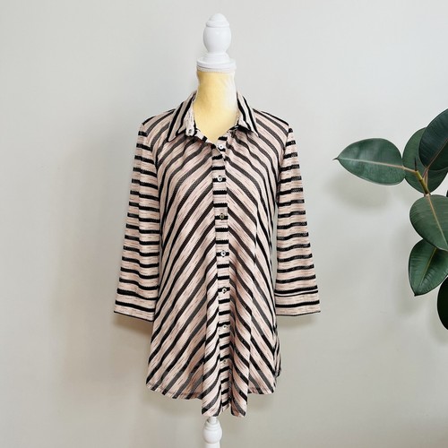 Joseph Ribkoff diagonal net stripe button back blouse Black Beige Sz 10 ...