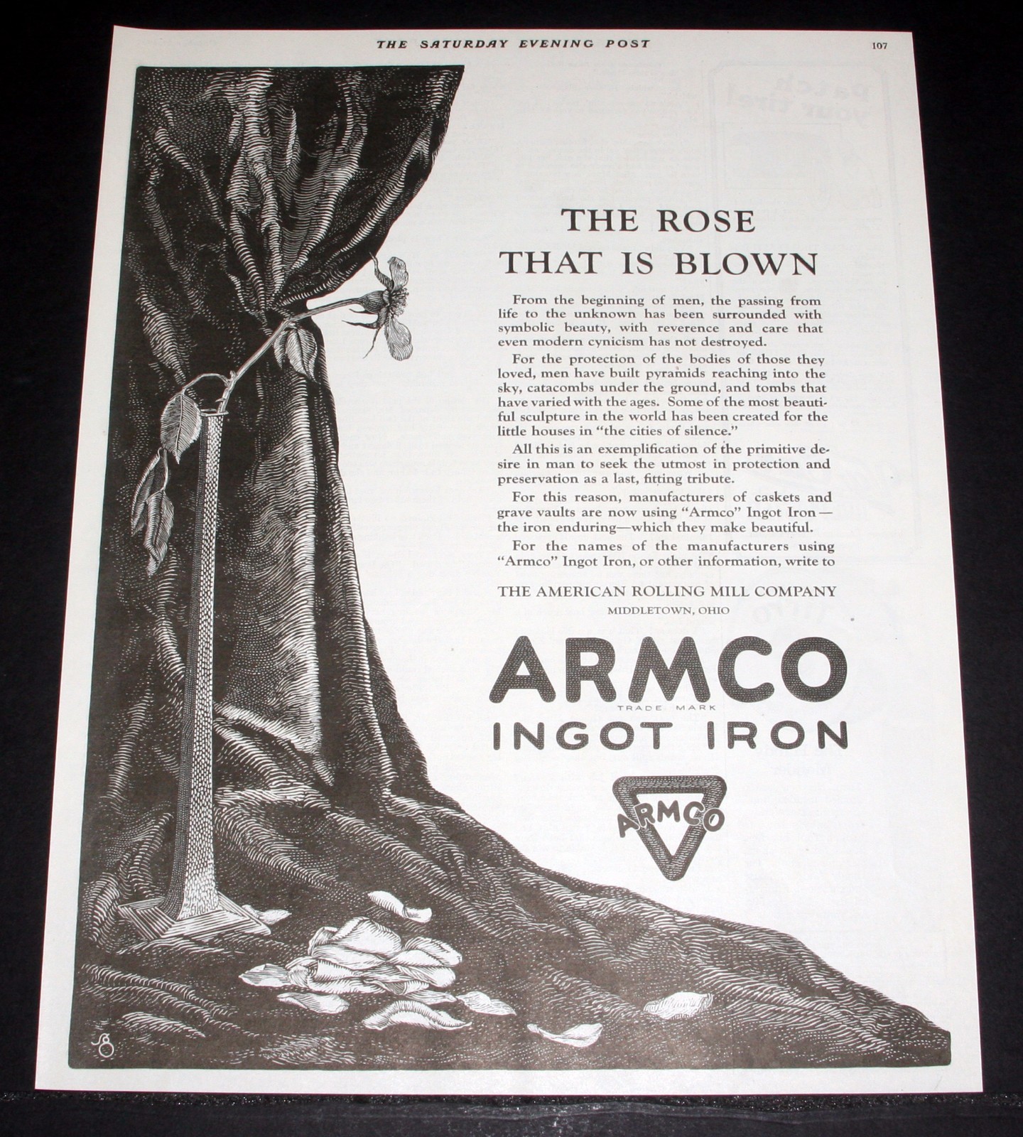 1922 OLD MAGAZINE PRINT AD, ARMCO INGOT IRON CASKETS, THE ROSE THAT IS ...