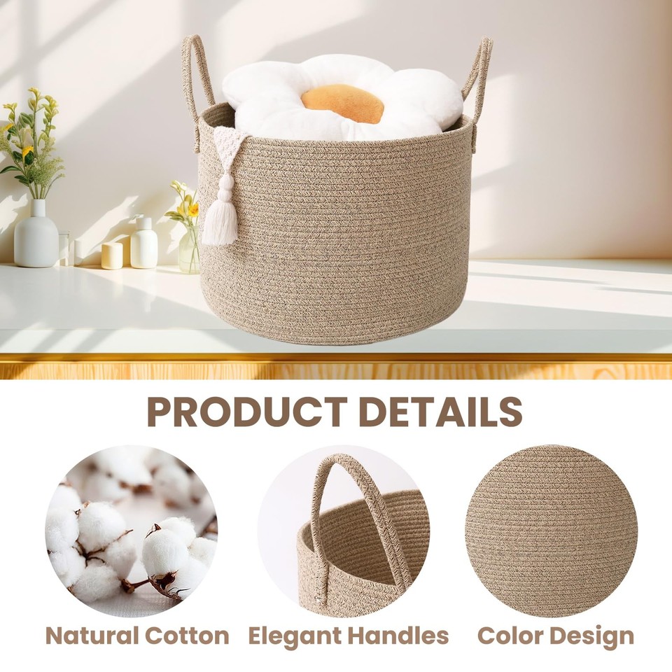 Woven Blanket Basket 65L Large Rope Storage Bin with Handles Organizer ...