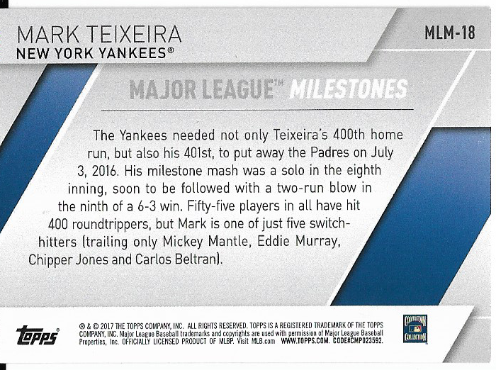 2017 Topps Major League Milestones #MLM-18 Mark Teixeira New York ...