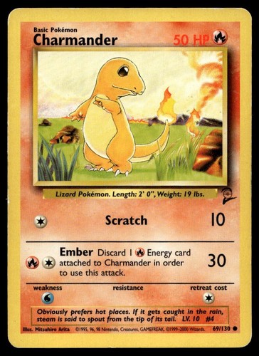 Charmander 69/130 Pokemon Card Base Set 2 Common 50 HP Lightly Played ...
