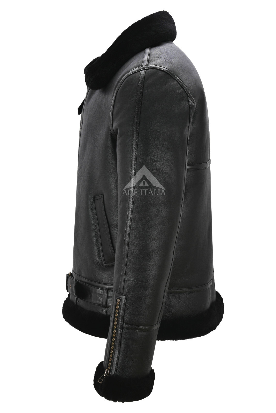 Mens B3 Classic Real Shearling Sheepskin Jacket Belted Black Fur Bomber ...