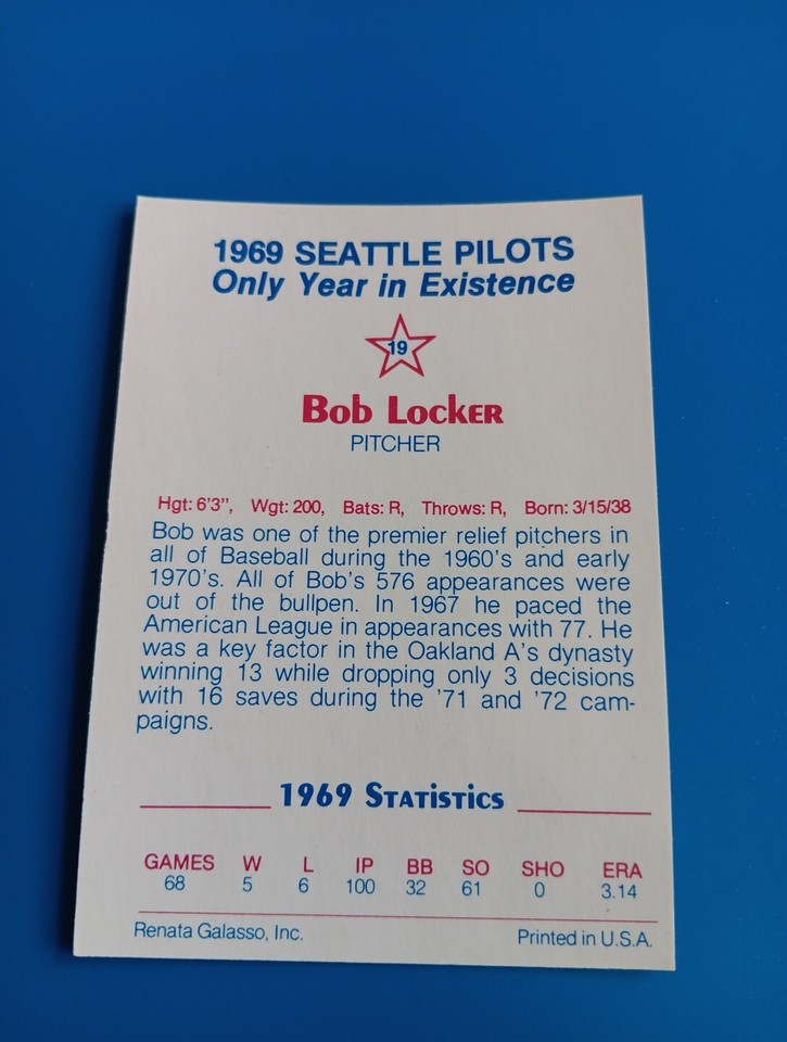 Bob Locker 1983 Renata Galasso 1969 Seattle Pilots Card #19 FREE ...