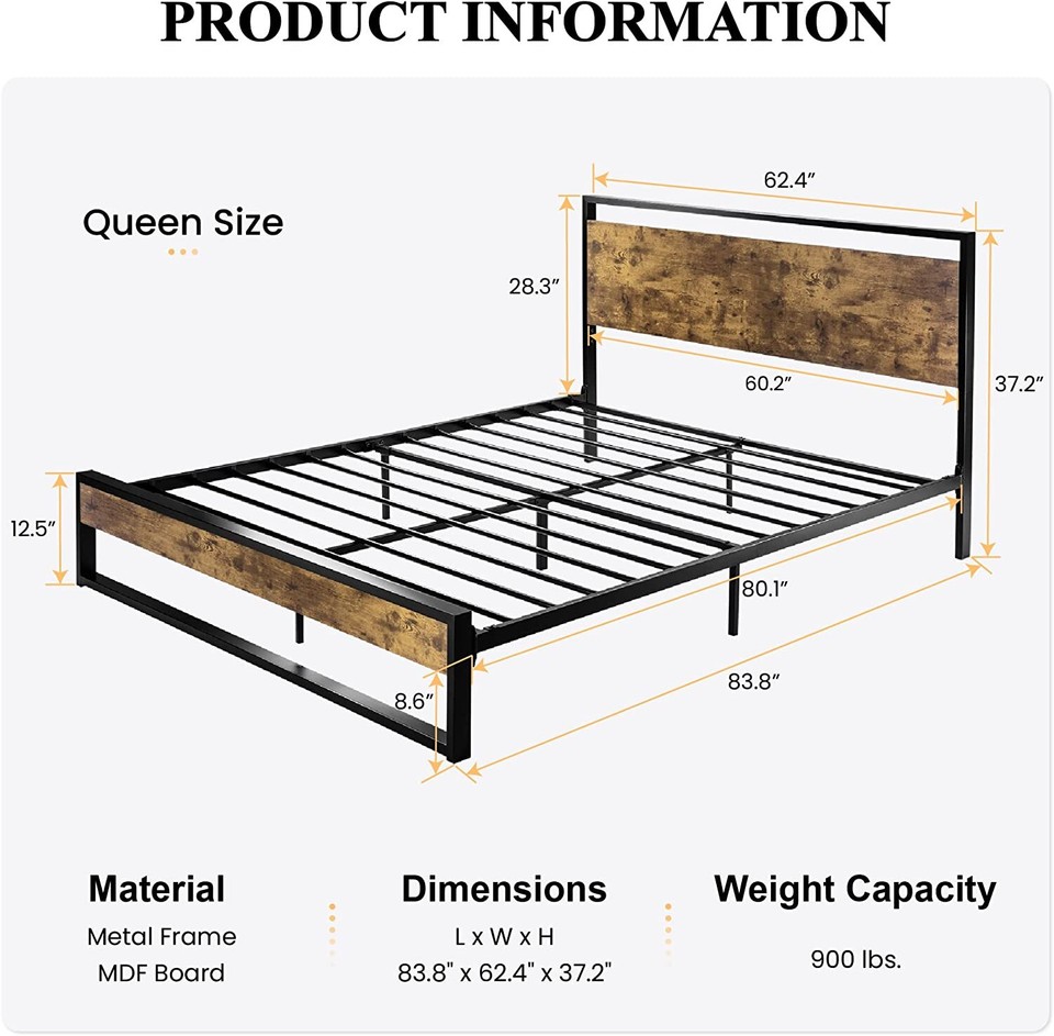 Queen Heavy Duty Platform Metal Bed Frame with Wooden Headboard,Rustic ...