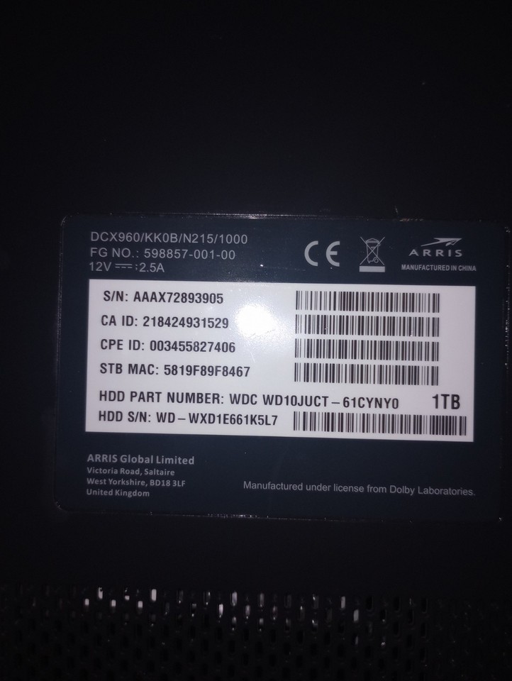 DCX960. Virgin Media V6 TiVo Box. ARRIS Ultra-HD TV Box, NO remote ...