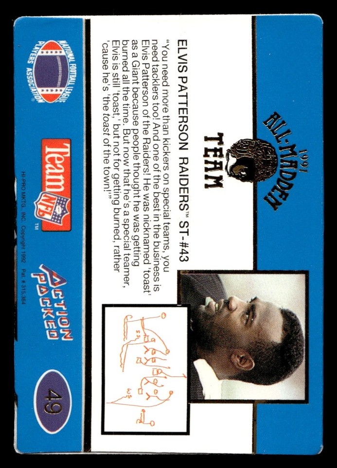 Action Packed All-Madden Elvis Patterson 1991 #49 Los Angeles Raiders ...