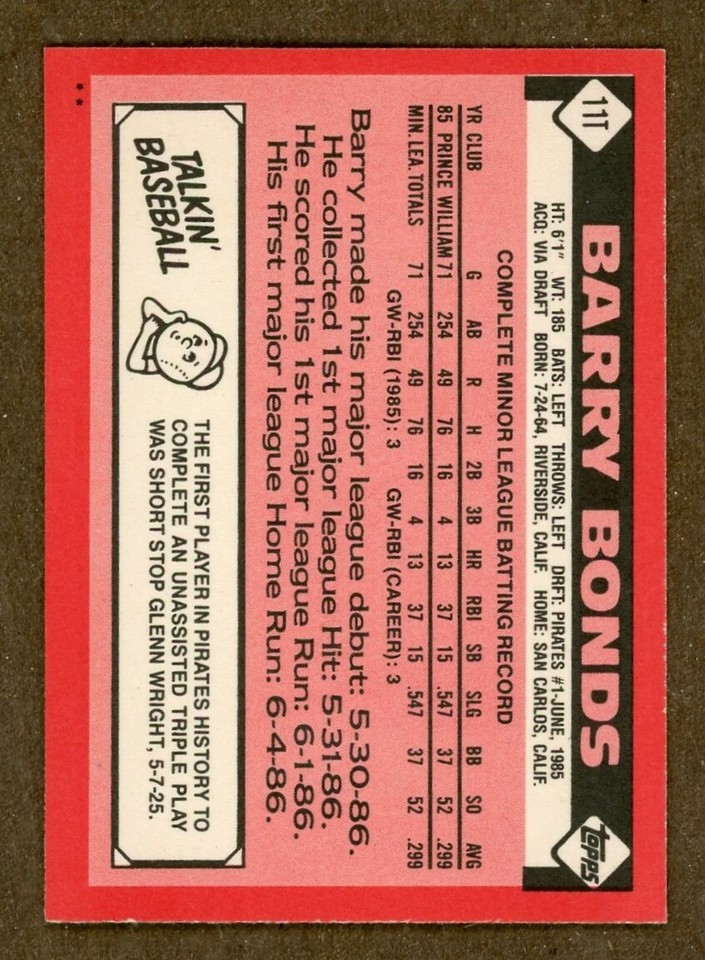 1986 BARRY BONDS TOPPS TRADED #11T ROOKIE RC HOF 10 .* | eBay