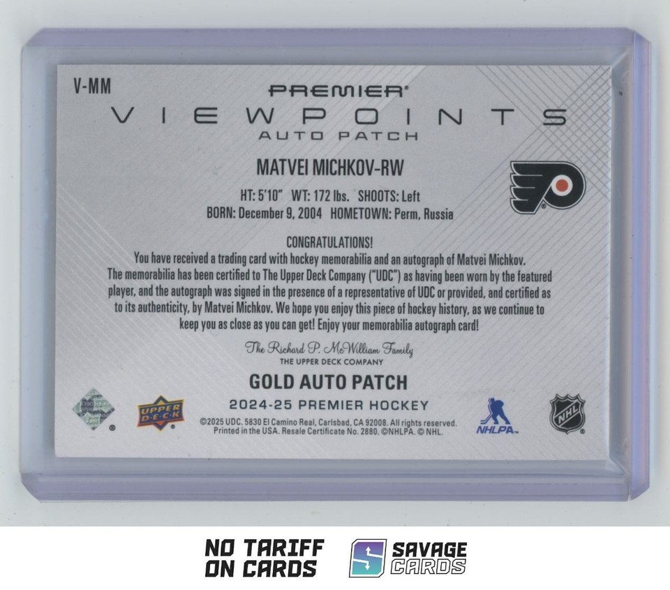 2024-25 Upper Deck Premier Viewpoints Auto Patch Gold Matvei Michkov /5 ...