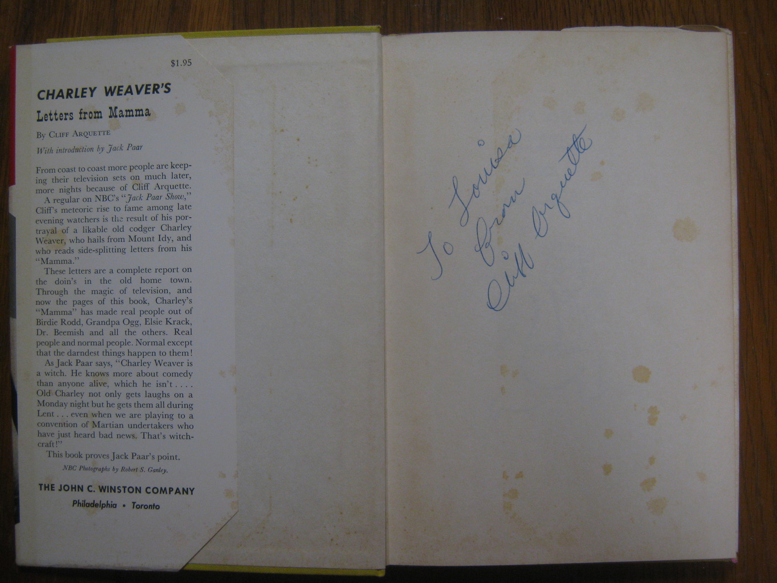 CLIFF ARQUETTE/CHARLEY WEAVER Signed Book("LETTERS FROM MAMMA"-1959 ...