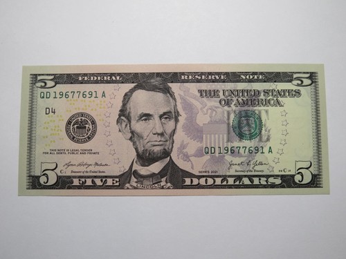 $5 2021 Radar Serial Number Federal Reserve Currency Bank Note Bill UNC ...
