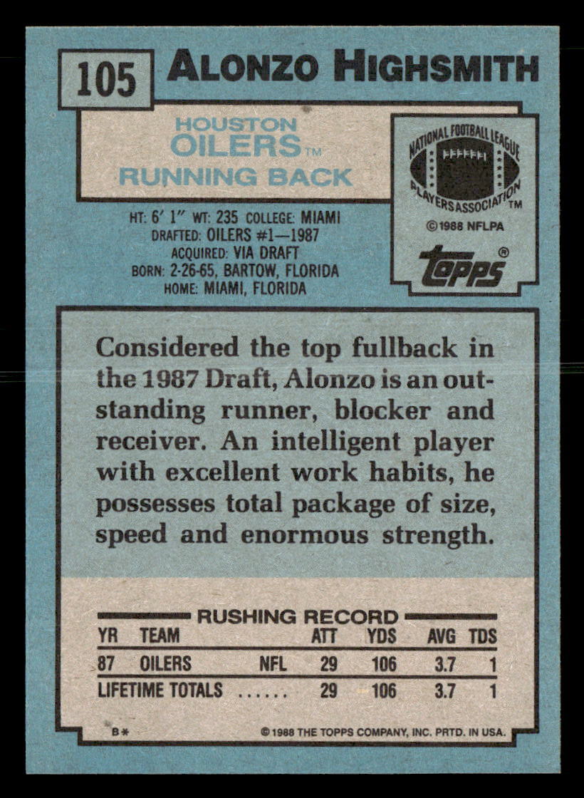 Alonzo Highsmith 1988 Topps Rookie Card #105 Houston Oilers | eBay