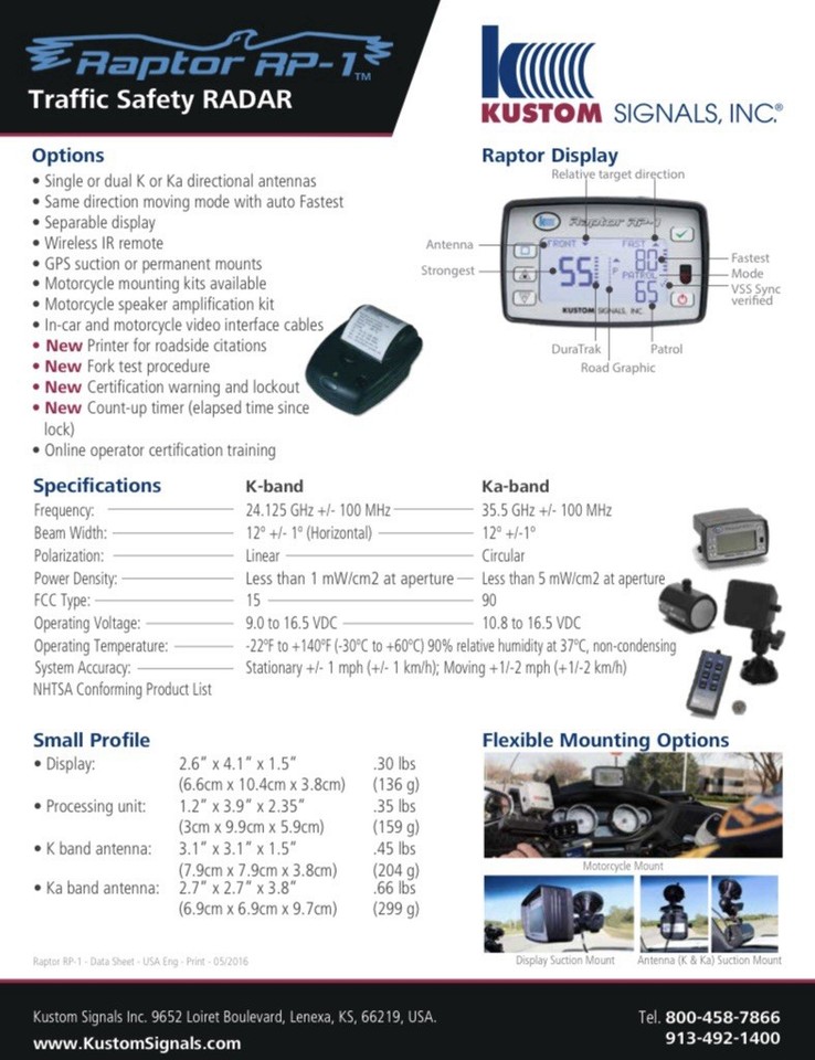 Kustom Signals Raptor RP1 Police Radar Dual K Same Lane Fast W/ Pelican ...