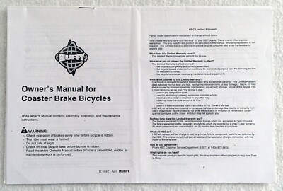 Huffy Owner's Manual for Coaster Brake Bicycles, Assembly/Operation ...