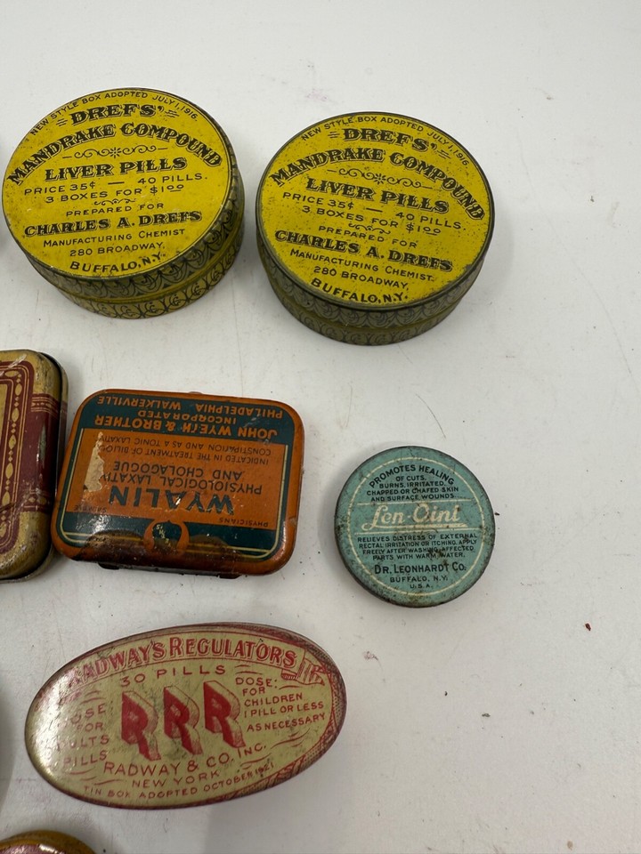 10 TINS CURE QUACK ANTIQUE PHARMACY MEDICINE DRUGGIST RADWAY 666 DREF ...