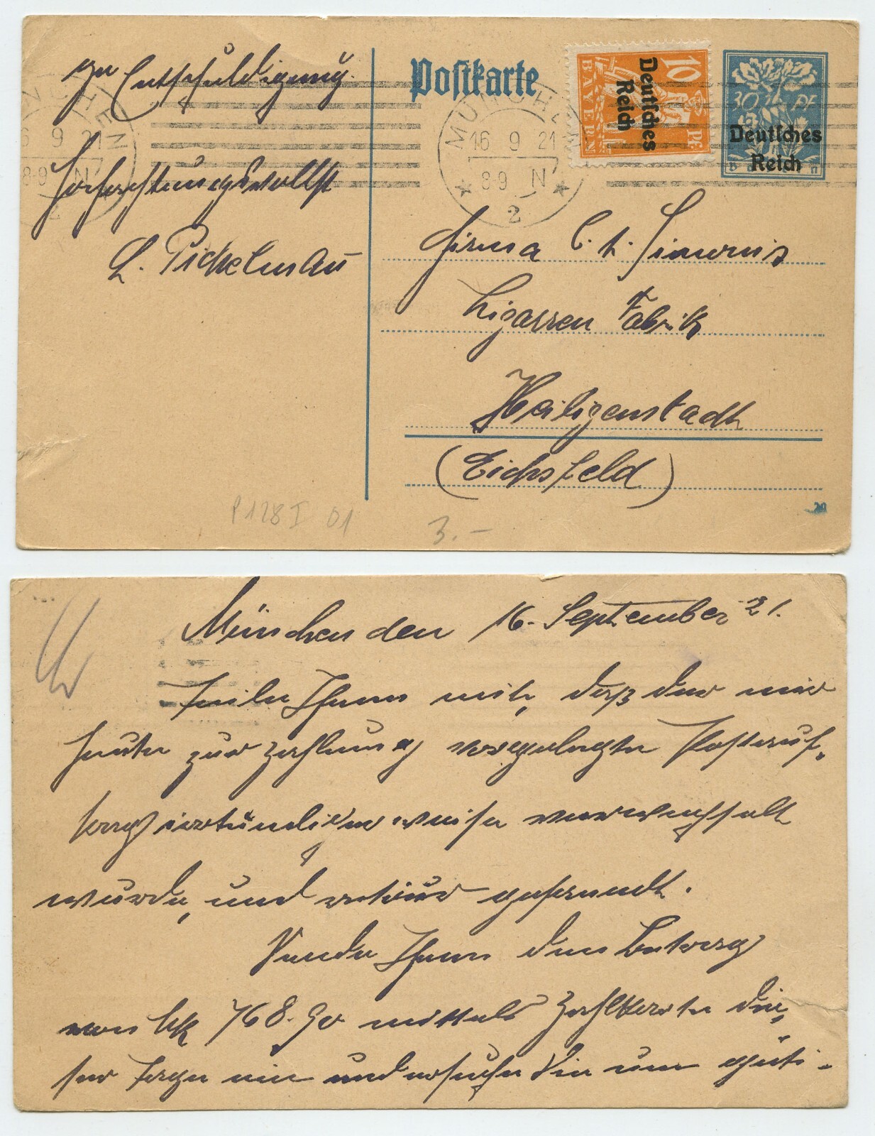 124220 - Ganzsache P 128 (20), ZuF - München 16.9.1921 nach Heiligenstadt | eBay