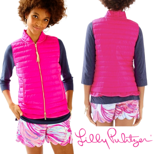 Lilly Pulitzer Cora Down Puffer Vest Womens Size S Pink Ruffle Tassel ...