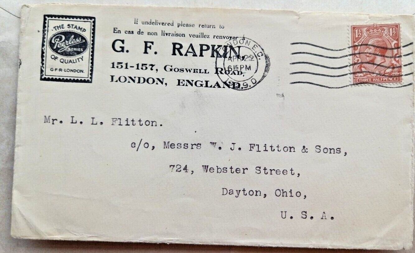 GREAT BRITAIN 1929 RAPKIN PEERLESS STAMP ALBUM ADVERT COVER TO UNITED ...