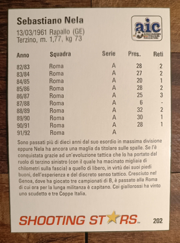 N.202 Nela Roma -shooting Stars Figurine Card Football Merlin 1991/92 ...