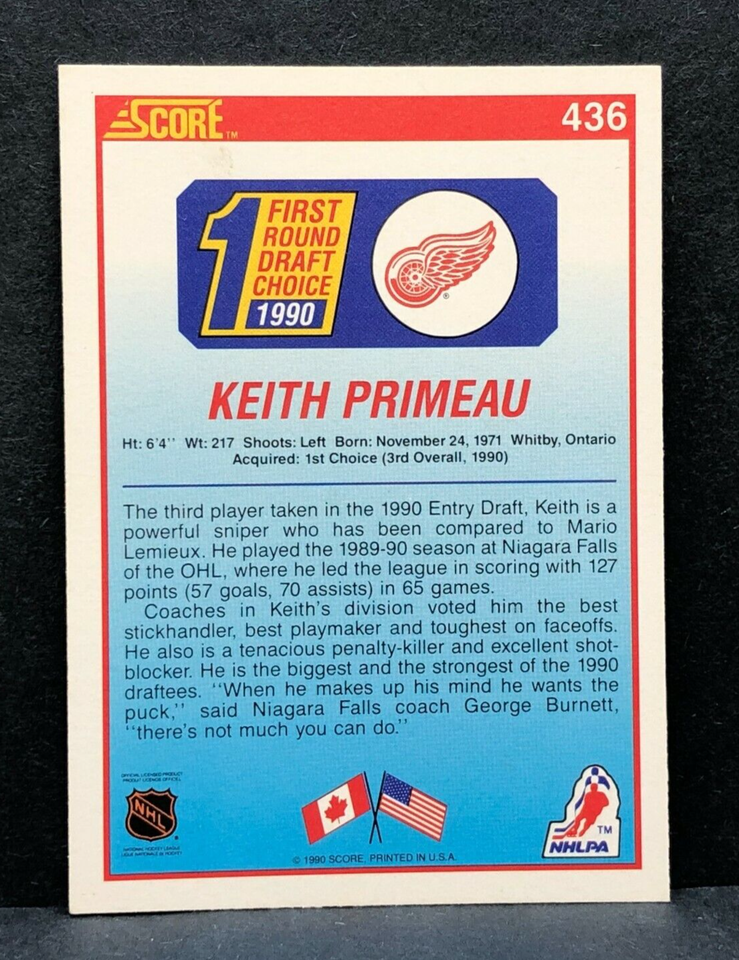 1990-91 Score KEITH PRIMEAU Rookie Card RC No. 436 Crease-Free NM-MT+ ...