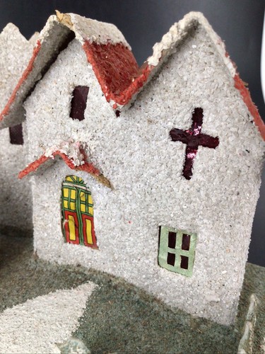 VTG Cardboard Coconut Christmas Putz House Church Fence Cross Window ...