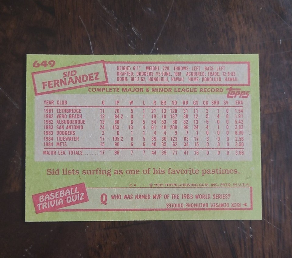 1985 Topps Sid Fernandez RC #649 New York Mets Rookie | eBay
