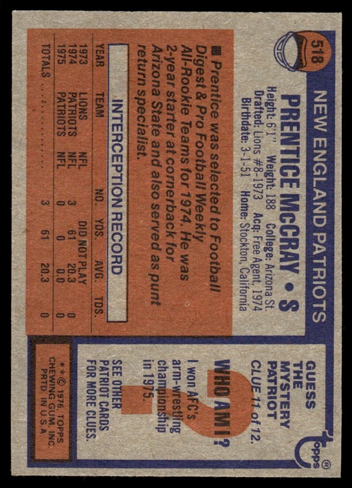 1976 Topps Prentice McCray RC New England Patriots #518 | eBay
