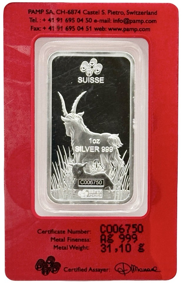 2015 PAMP SUISSE 1 oz .999 Fine Silver Lunar Calendar Series Goat Bar ...