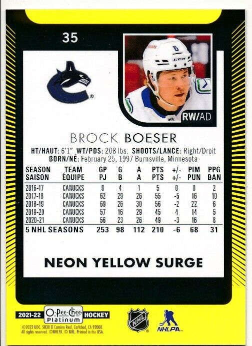 #35 BROCK BOESER 2021-22 O-Pee-Chee OPC Platinum NEON YELLOW SURGE ...