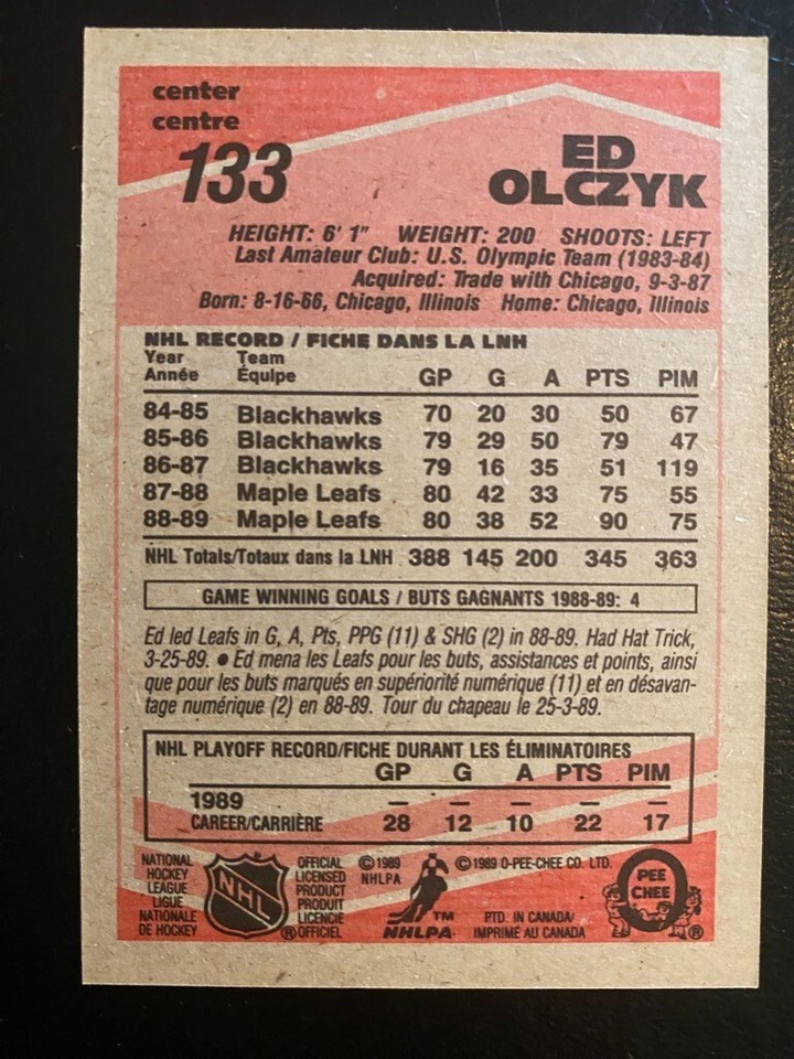 Ed Olczyk 1989-90 O-Pee-Chee Hockey #133 Toronto Maple Leafs | eBay