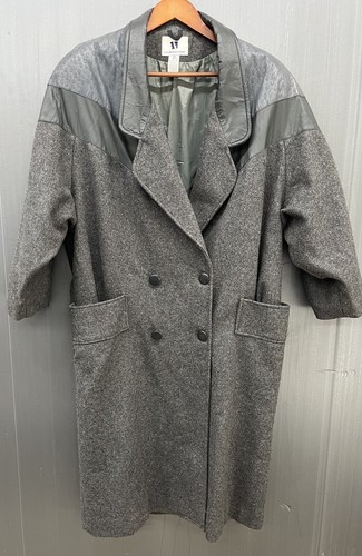 David Benjamin Coat Women 13 Black Wool Leather Double Breasted Lined ...