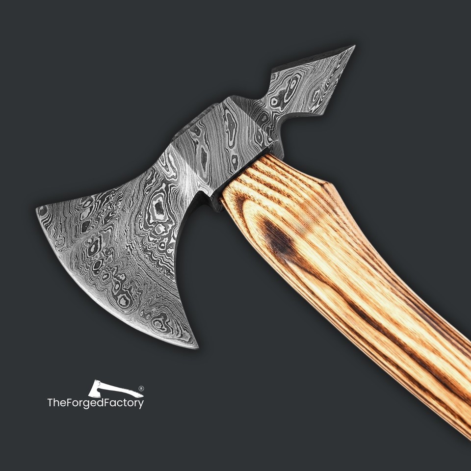 Tomahawk Spike Tactical Axe 16" Damascus Steel Ash Wood Handle Leather ...