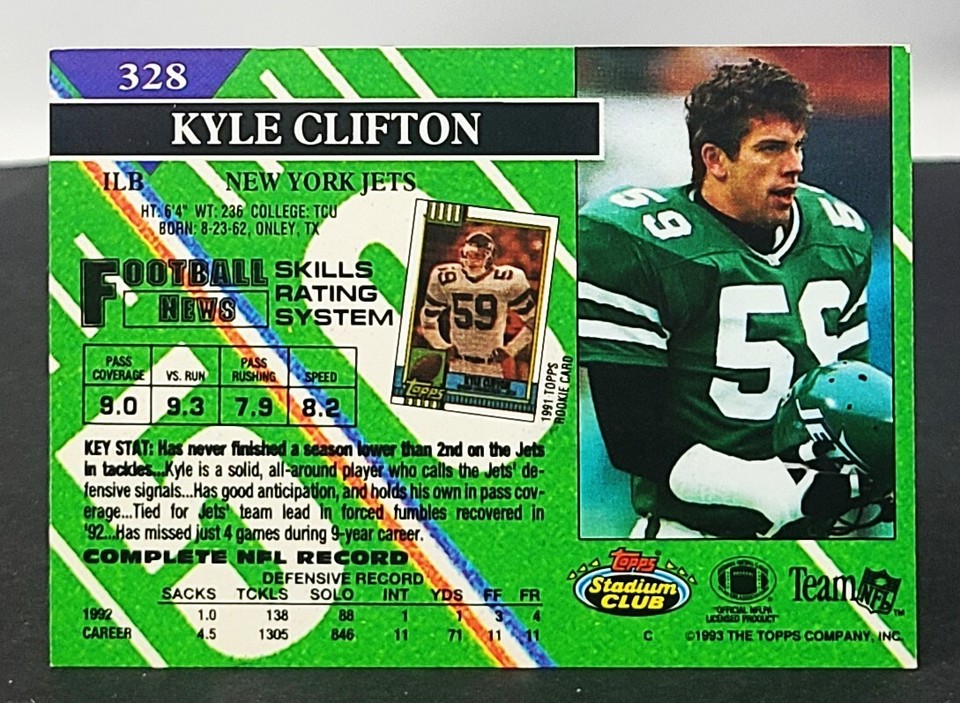 KYLE CLIFTON Signed 1993 Topps Stadium Club Football Card #328 New York ...