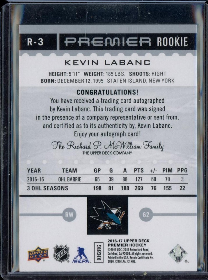Kevin Labanc 2016-17 Upper Deck Premier Rookie Autograph R-3 RC Auto ...