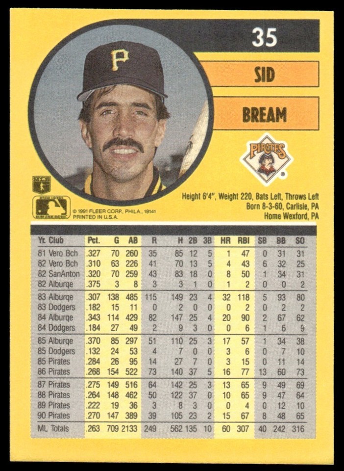 1991 Fleer Baseball Card Sid Bream Pittsburgh Pirates #35 | eBay