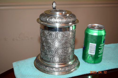 1L Large German Beer Stein with a Coin Decoration, Ornate Pewter, Coin ...
