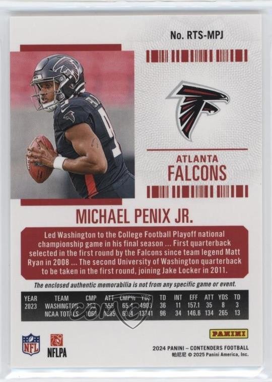 2024 Panini Contenders Rookie Ticket Swatches Michael Penix Jr #RTS-MPJ ...