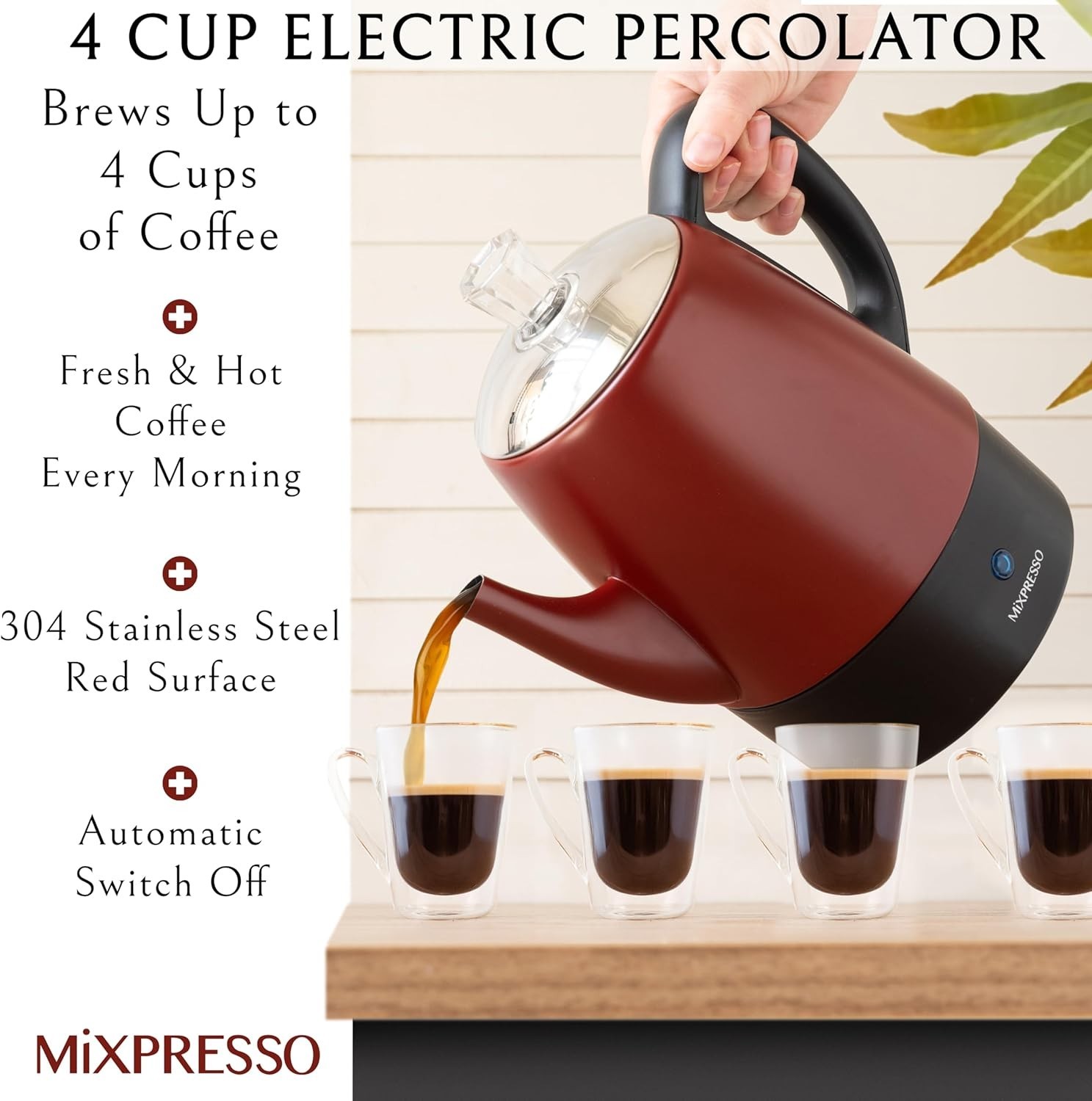 Mixpresso Red Small Percolator Coffee Pot Electric 4 Cup, Stainless ...