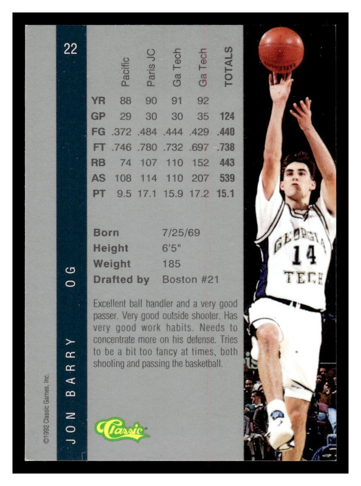 1992 Classic Four Sport #22 Jon Barry - Georgia Tech | eBay