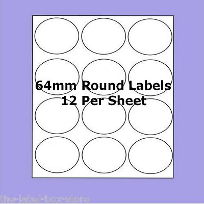 A4 Self Adhesive Labels ~ 64mm Round Circle Labels ~ 12 Labels Per ...