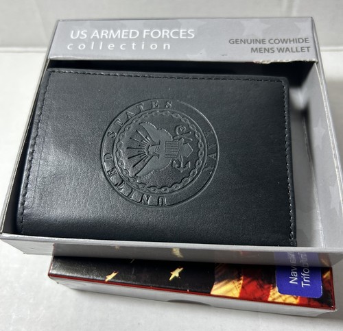 U.S Navy cowhide leather men trifold wallet black embossed New in box ...