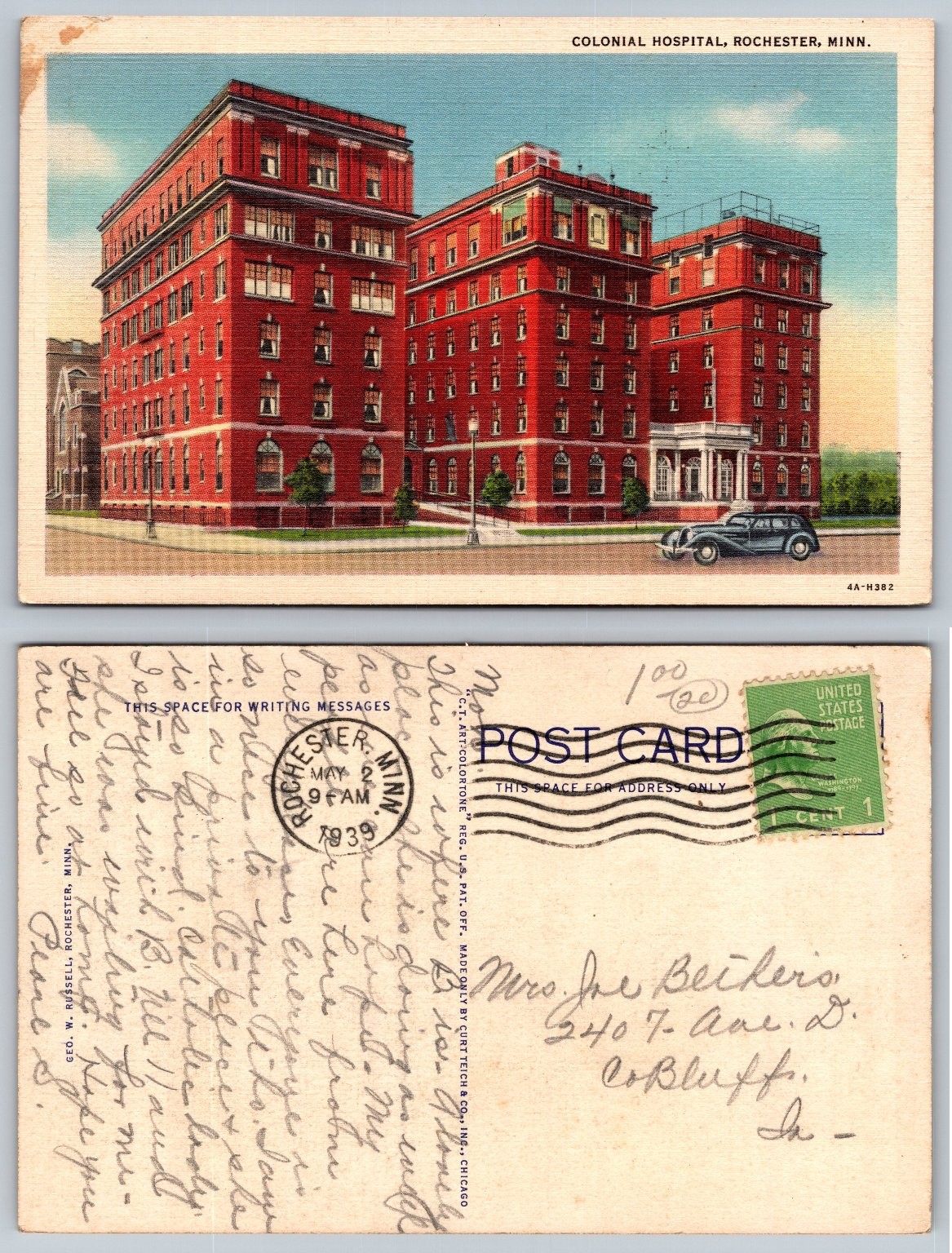 Colonial Hospital Rochester MN 1939 Linen Postcard Curt Teich Mayo ...