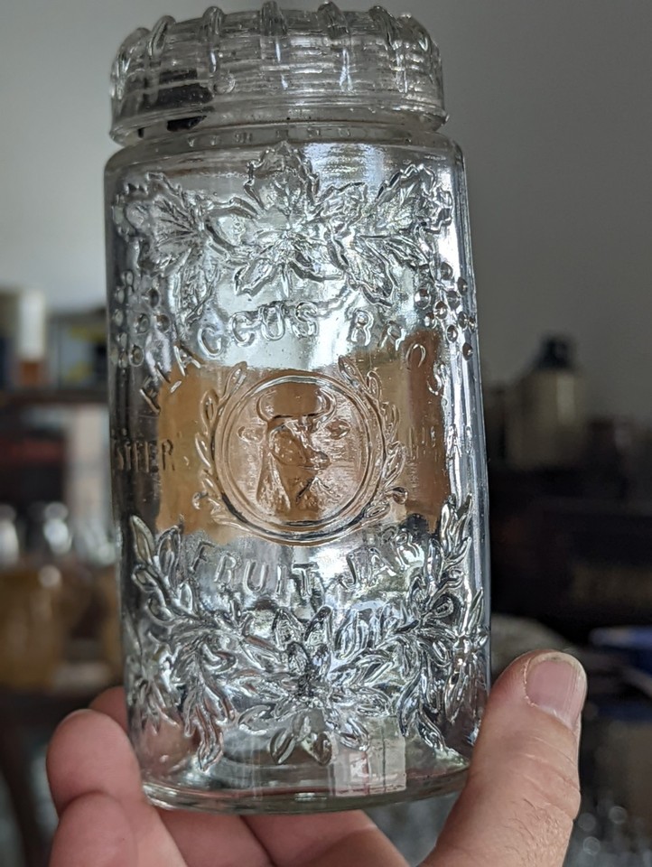 ***LABELED**" Flaccus Bros Mustard Steers Head Mason Fruit Jar w ...