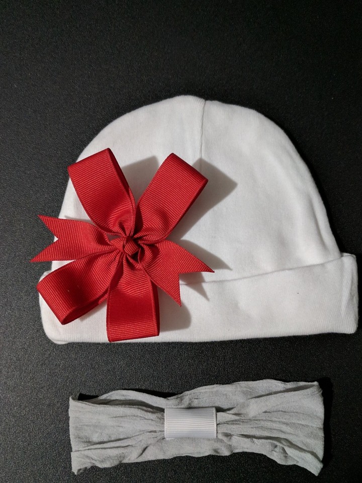 Baby girl beanie white hat red bow alligator clip gray headband 0 ...